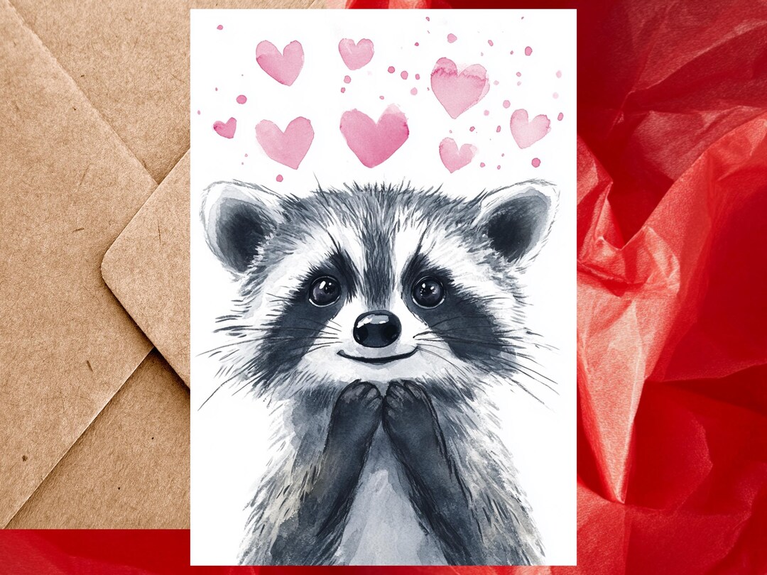 Cute Racoon Anniversary Card or Love Notecard - Watercolor Raccoon ...