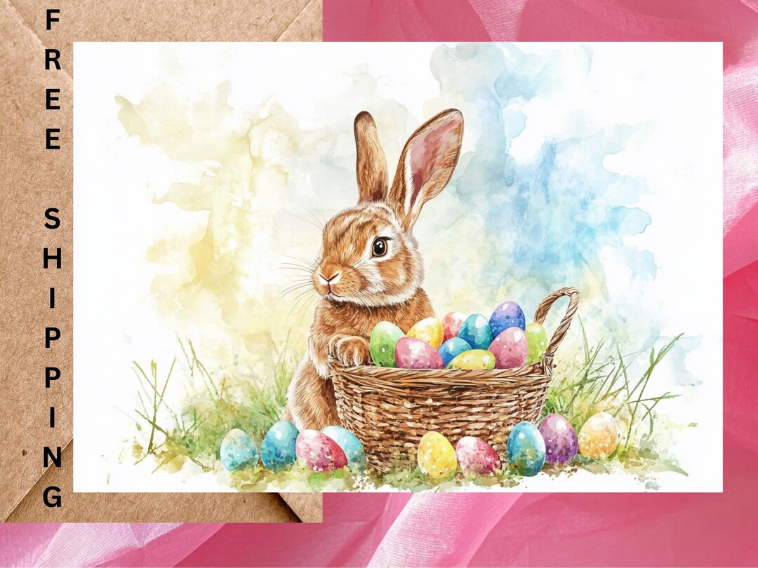 Easter Bunny Cards of Cute Watercolor Brown Bunny With Easter Eggs in ...