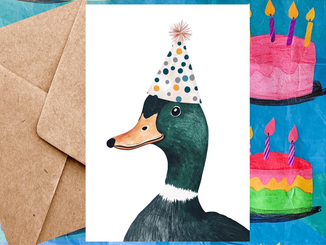 Cute Duck Birthday Card for Kid - Happy Birthday Card Green Mallard ...
