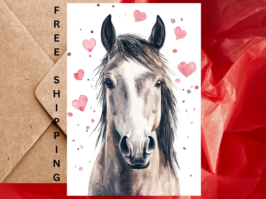 Cute Grey Horse Valentines Card or Anniversary Watercolor Grey Horse ...