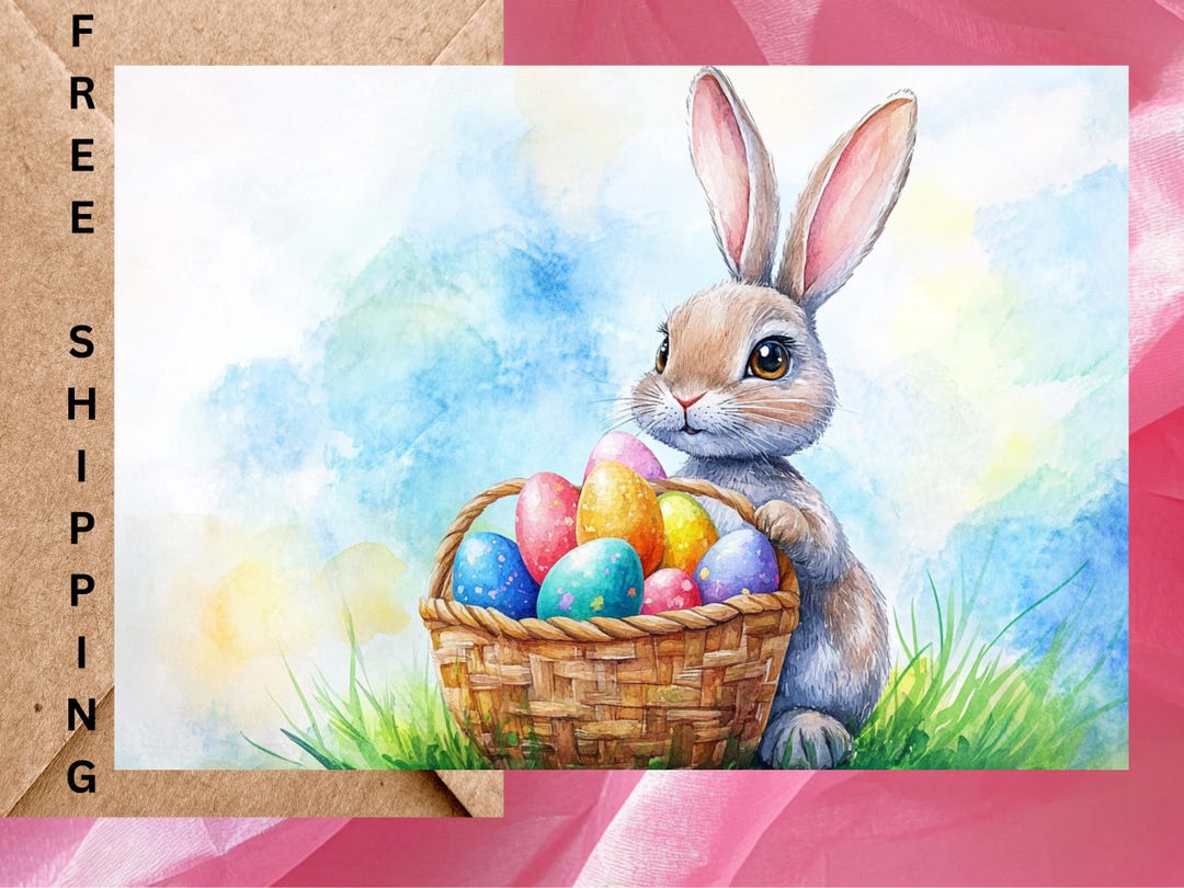 Easter Bunny Card of Cute Watercolor Grey Bunny With Easter Eggs in ...