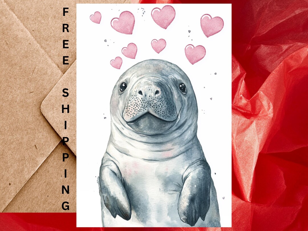 Cute Manatee Anniversary Card or Love Notecard Watercolor Manatee ...