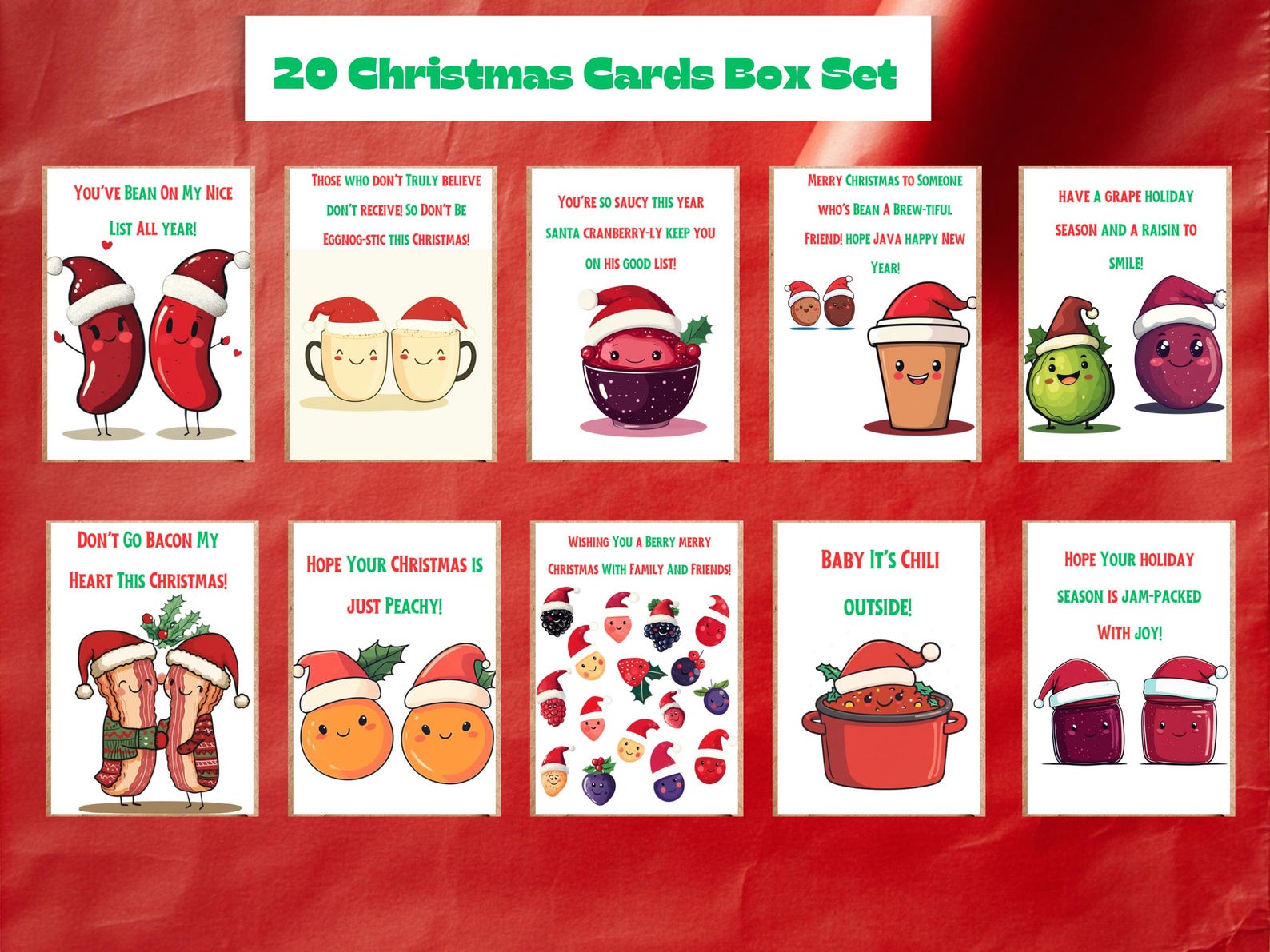 Punny Christmas Cards Holiday Box Set 20 Pack Cute Seasonal Food and ...