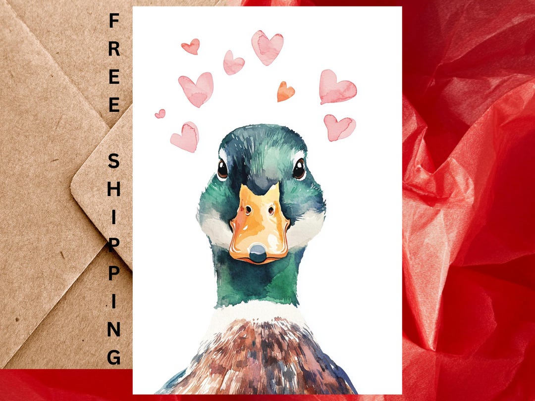 Cute Mallard Duck Anniversary Card or Love Note - Watercolor Green Duck ...