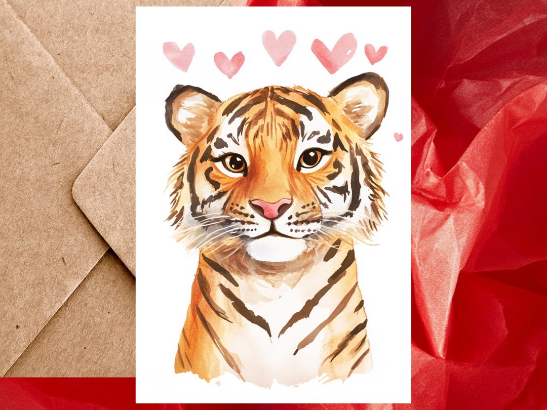 Cute Tiger Anniversary Card or Love Notecard Watercolor Tiger Wedding ...