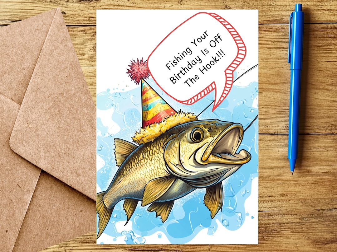 Fish Birthday Card - Cartoon Walleye Fish Caught by Hook (customizable ...