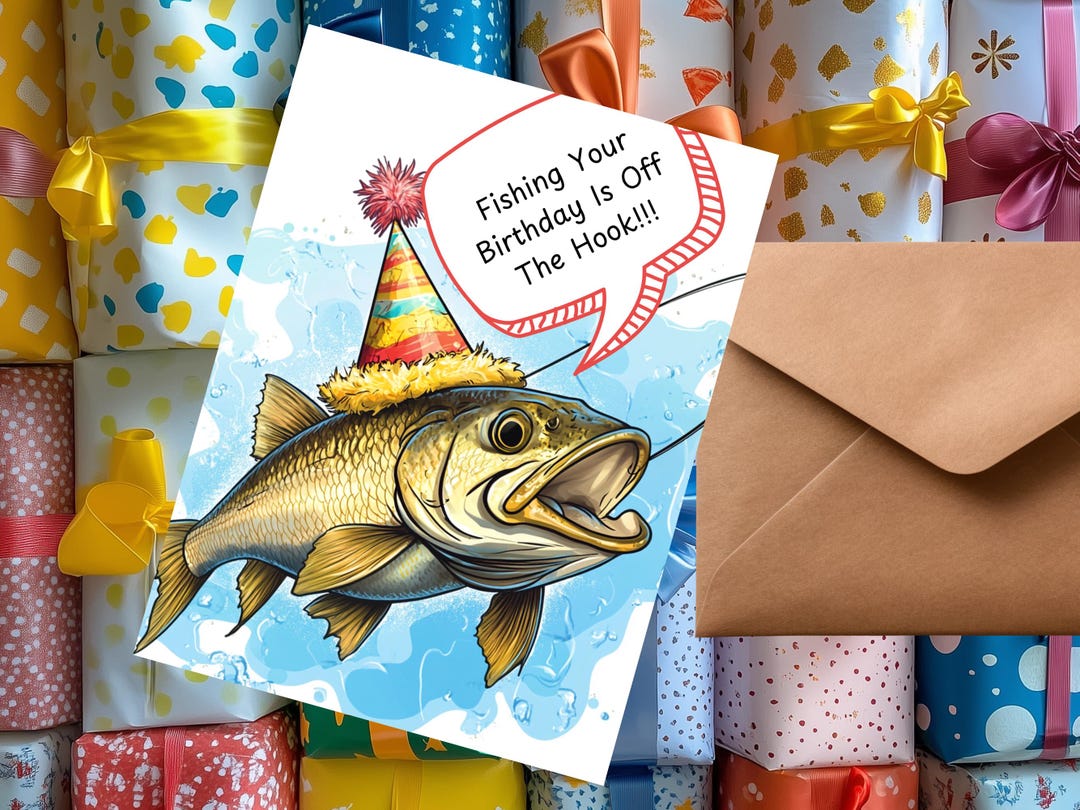 Fish Birthday Card Cartoon Walleye pickeral Fish Caught by Hook - Etsy
