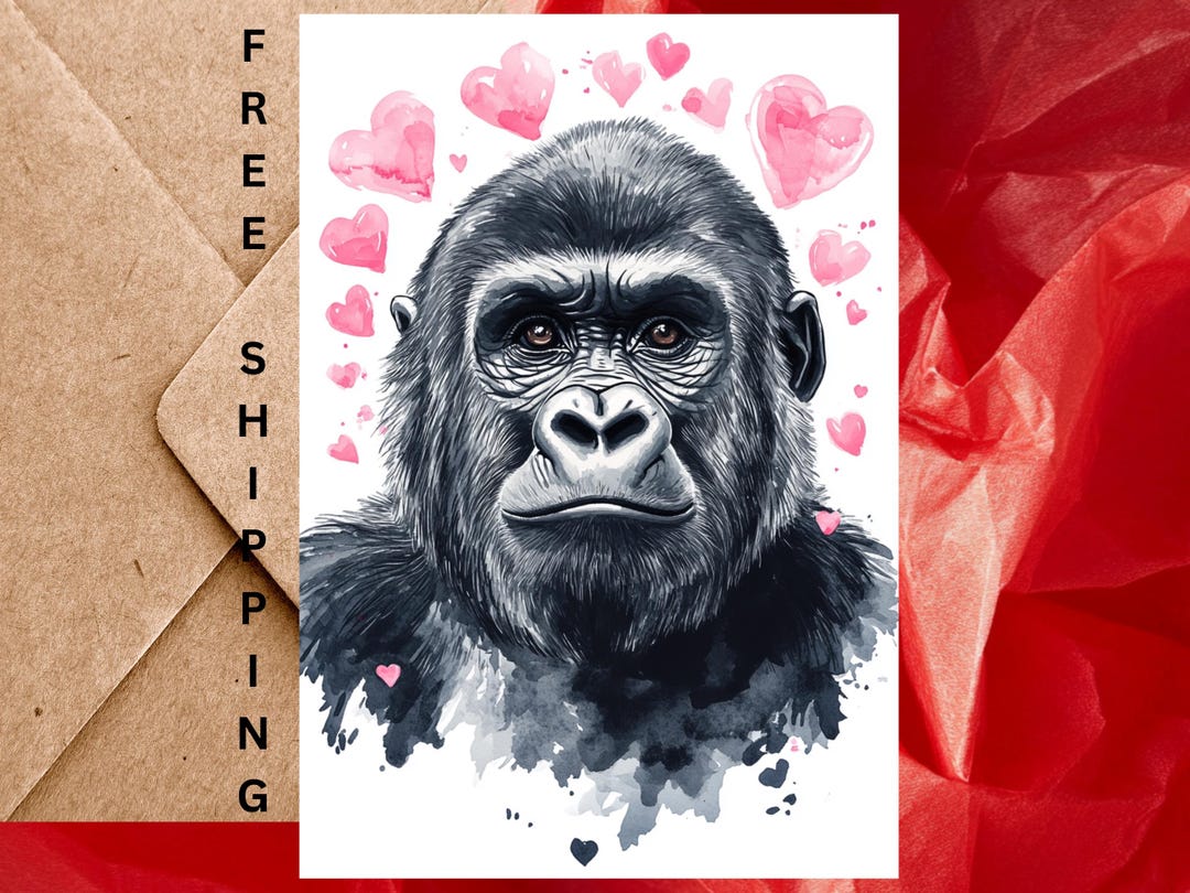 Cute Gorilla Anniversary Card or Love Notecard - Watercolor Gorilla Wedding Anniversary Single ...