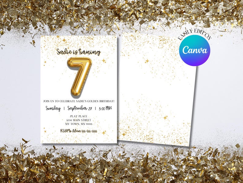 EDITABLE 7th Golden Birthday | Golden Birthday | 7th Birthday Party ...