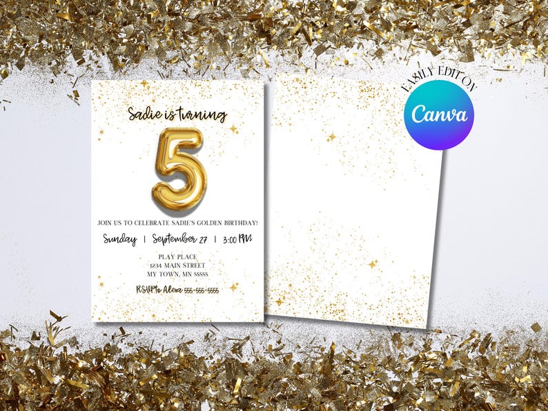 EDITABLE 5th Golden Birthday | Golden Birthday | 5th Birthday Party ...