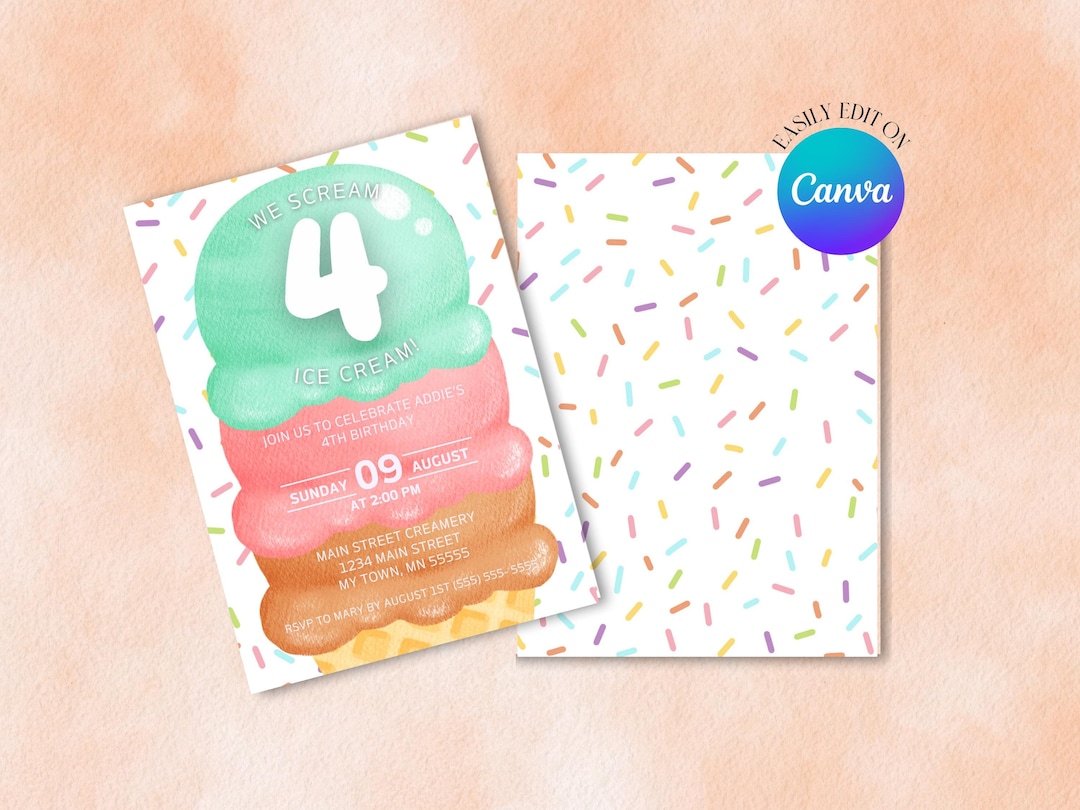 EDITABLE We Scream 4 Ice Cream | 4th Birthday Invitation | Ice Cream ...