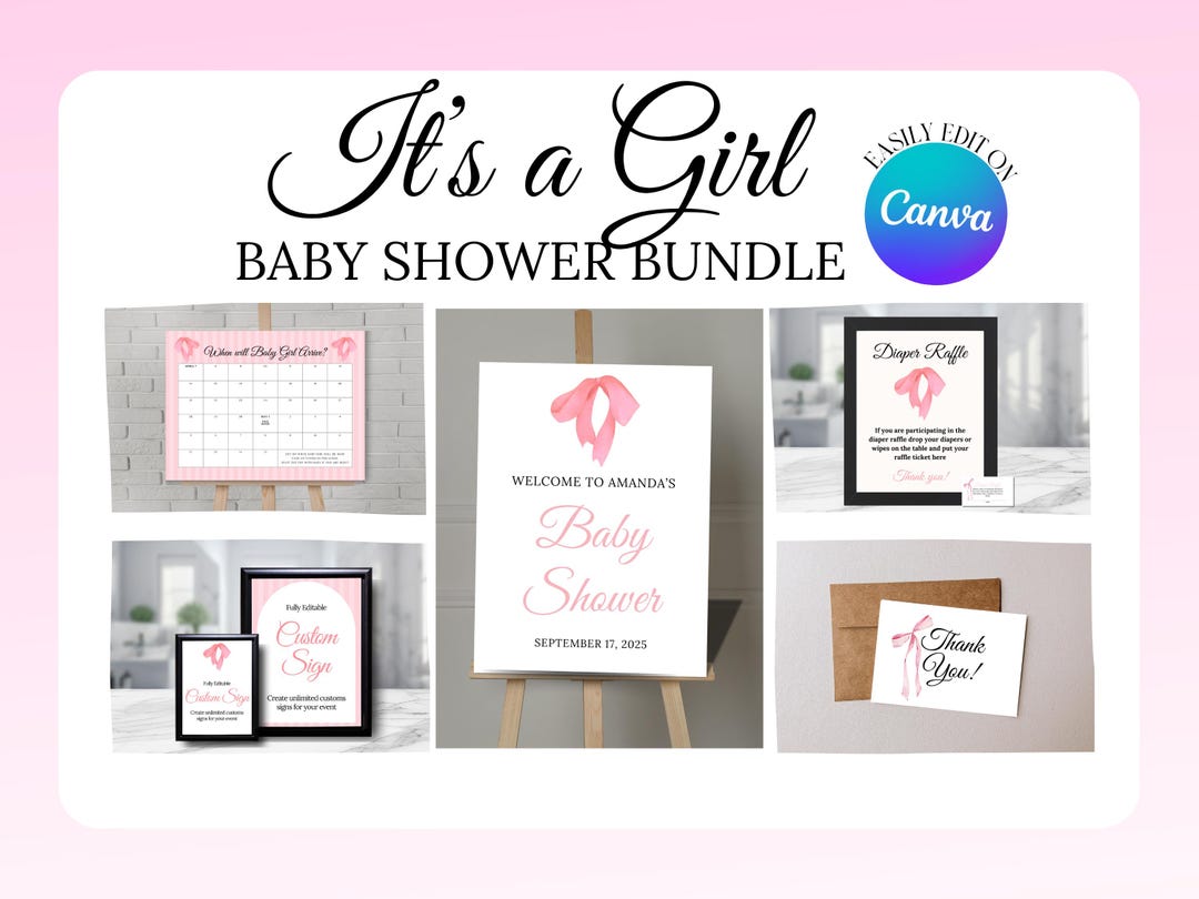 EDITABLE Girl Baby Shower Bundle | Pink Bow Baby Shower Bundle ...