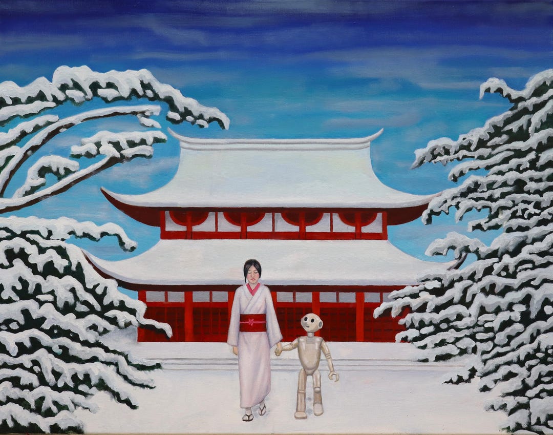 Surrealist Painting of a Japanese Temple With a Geisha and a Robot in ...