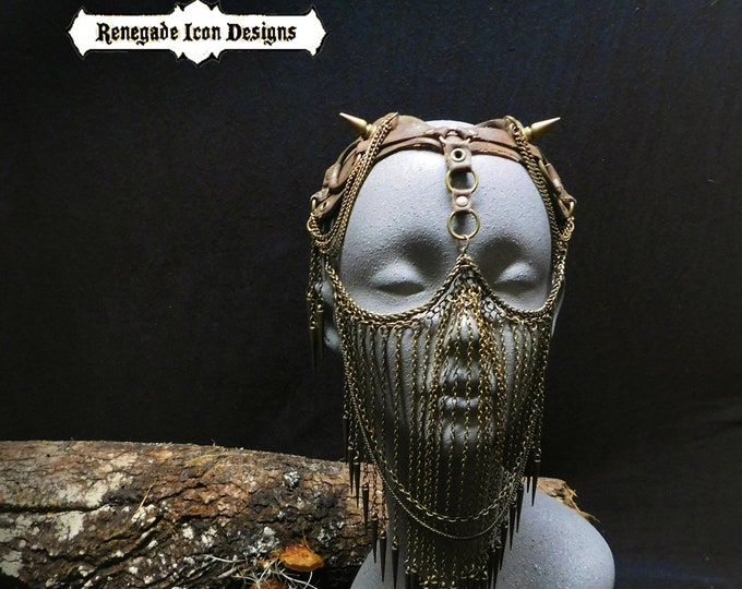 Unisex Leather Face Chain Spike Veiled Headpiece Unisex Face - Etsy