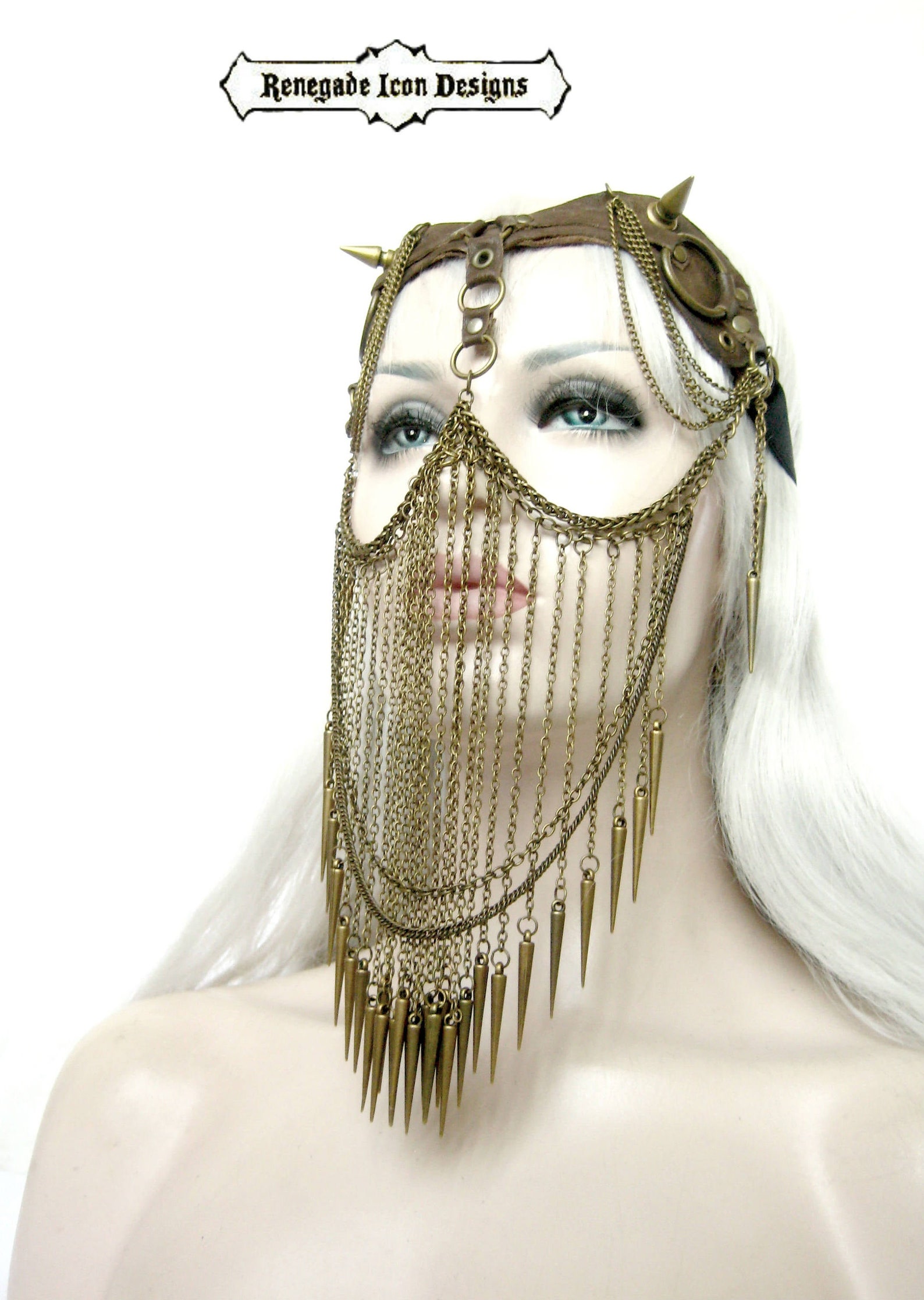Unisex Leather Face Chain Spike Veiled Headpiece Unisex Face - Etsy