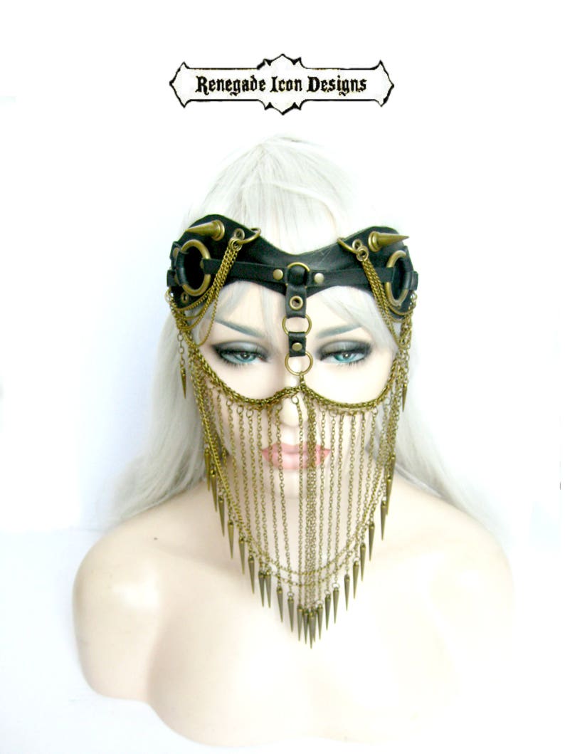 Unisex Leather Face Chain, Spike Veiled Headpiece, Unisex Face Jewelry ...