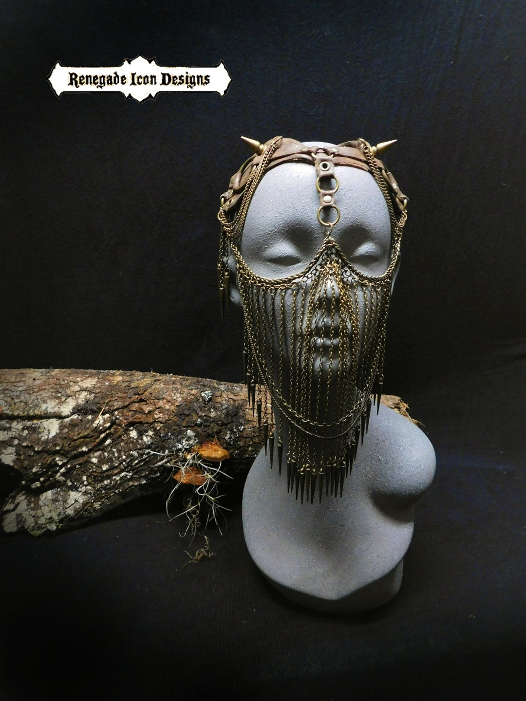 Unisex Leather Face Chain, Spike Veiled Headpiece, Unisex Face Jewelry ...