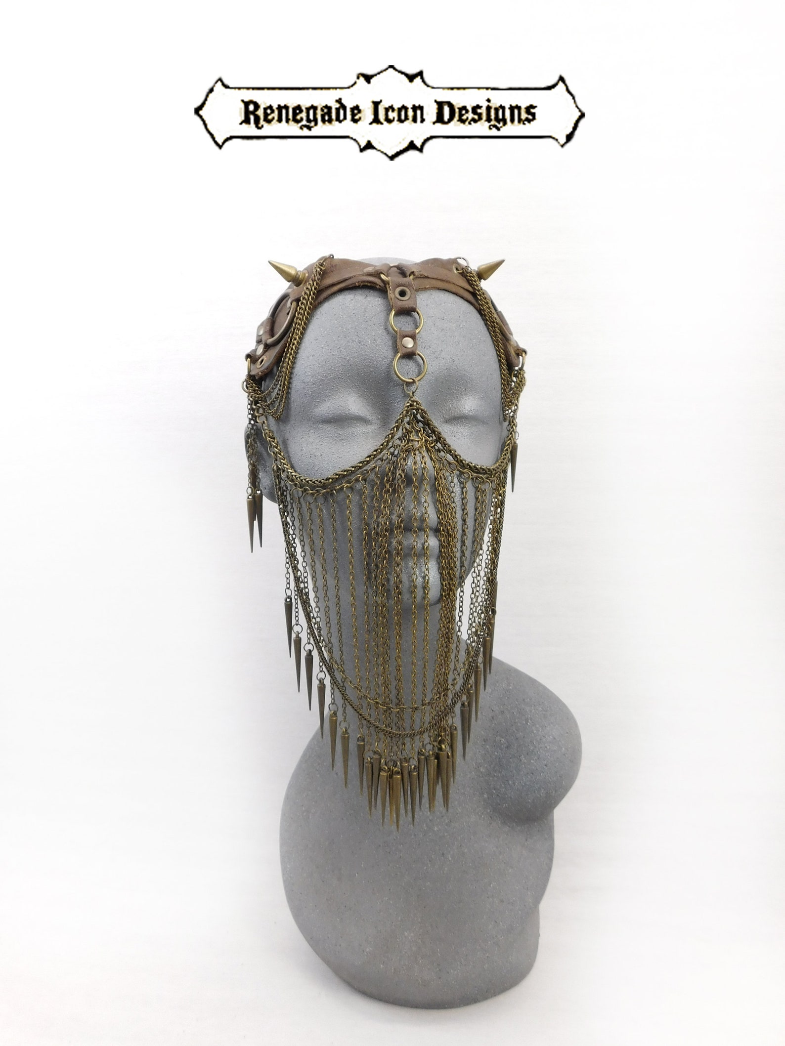 Unisex Leather Face Chain Spike Veiled Headpiece Unisex Face - Etsy