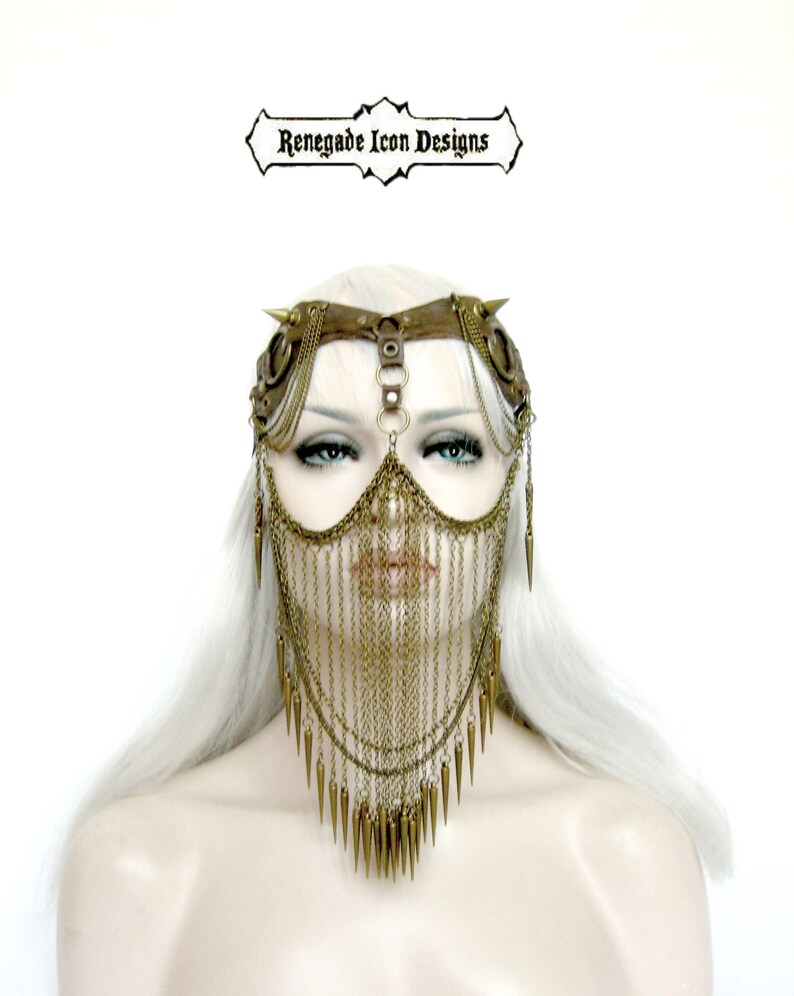 Unisex Leather Face Chain, Spike Veiled Headpiece, Unisex Face Jewelry ...
