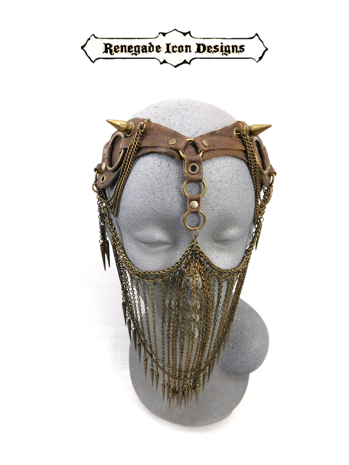Unisex Leather Face Chain, Spike Veiled Headpiece, Unisex Face Jewelry ...