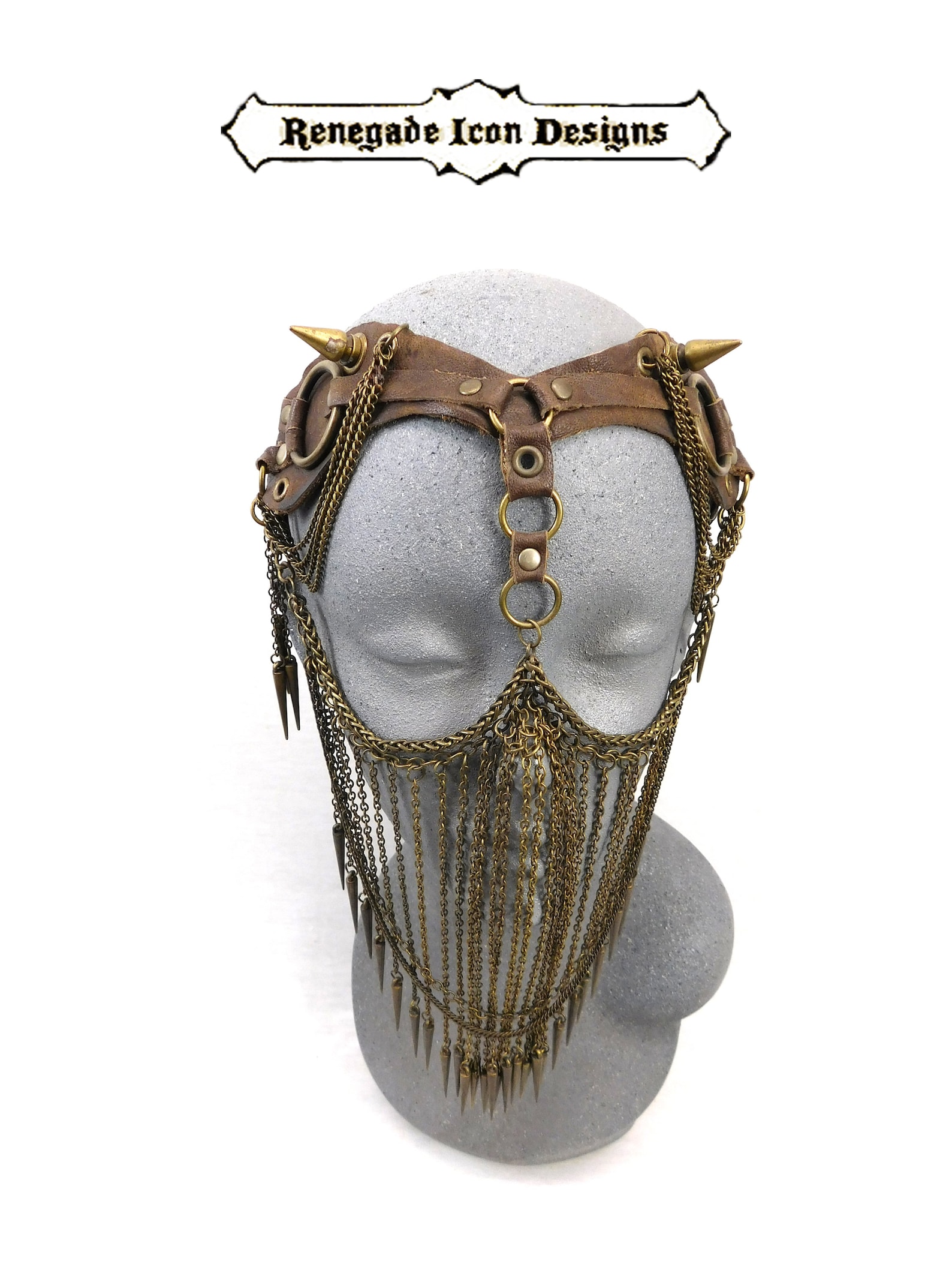 Unisex Leather Face Chain Spike Veiled Headpiece Unisex Face - Etsy