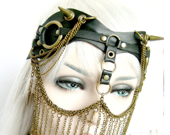 Unisex Leather Face Chain, Spike Veiled Headpiece, Unisex Face Jewelry ...