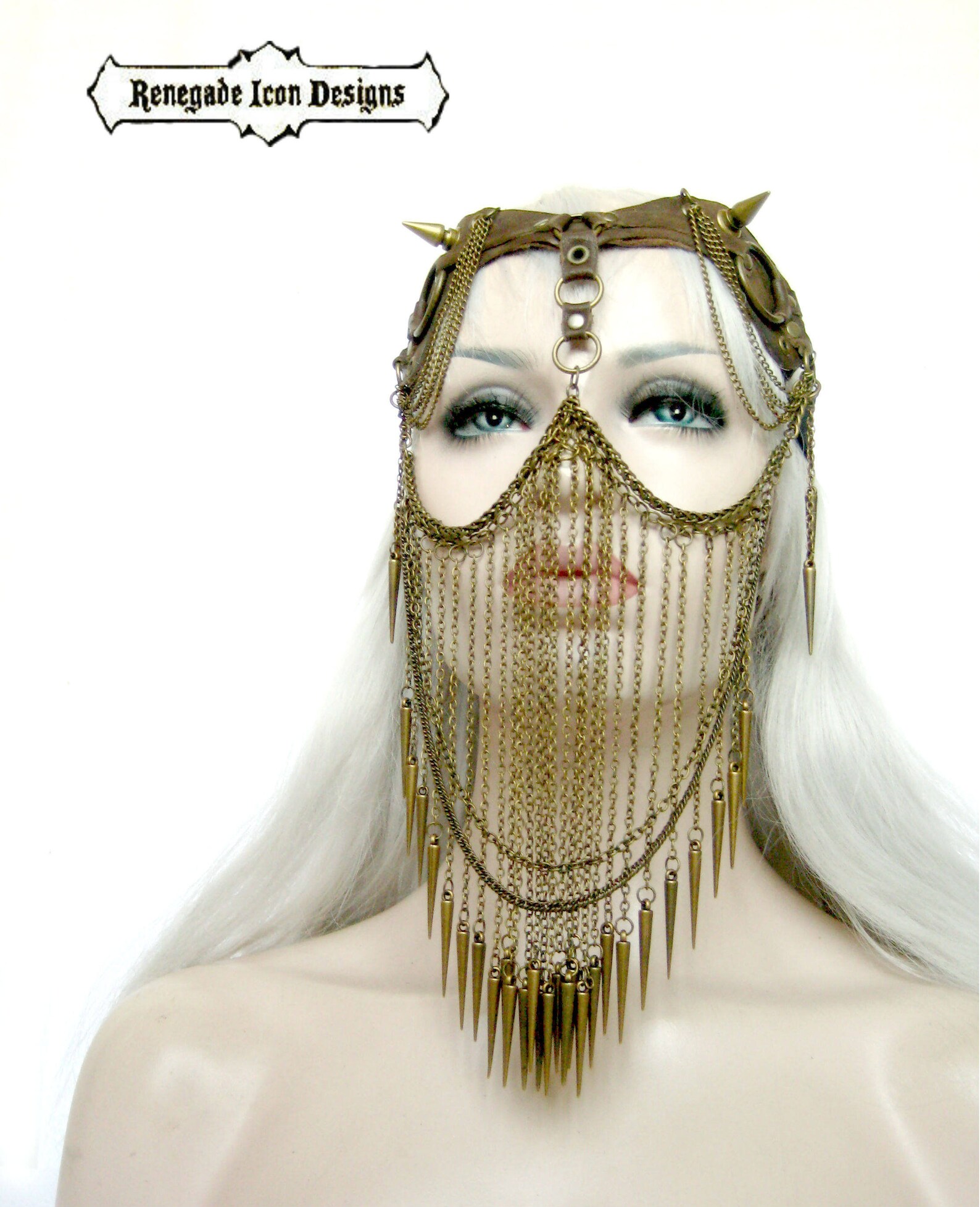 Unisex Leather Face Chain Spike Veiled Headpiece Unisex Face - Etsy