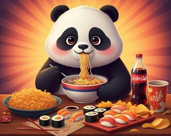 Adorable Panda Eating Ramen Digital Print Cute Animal Wall Art Decor ...