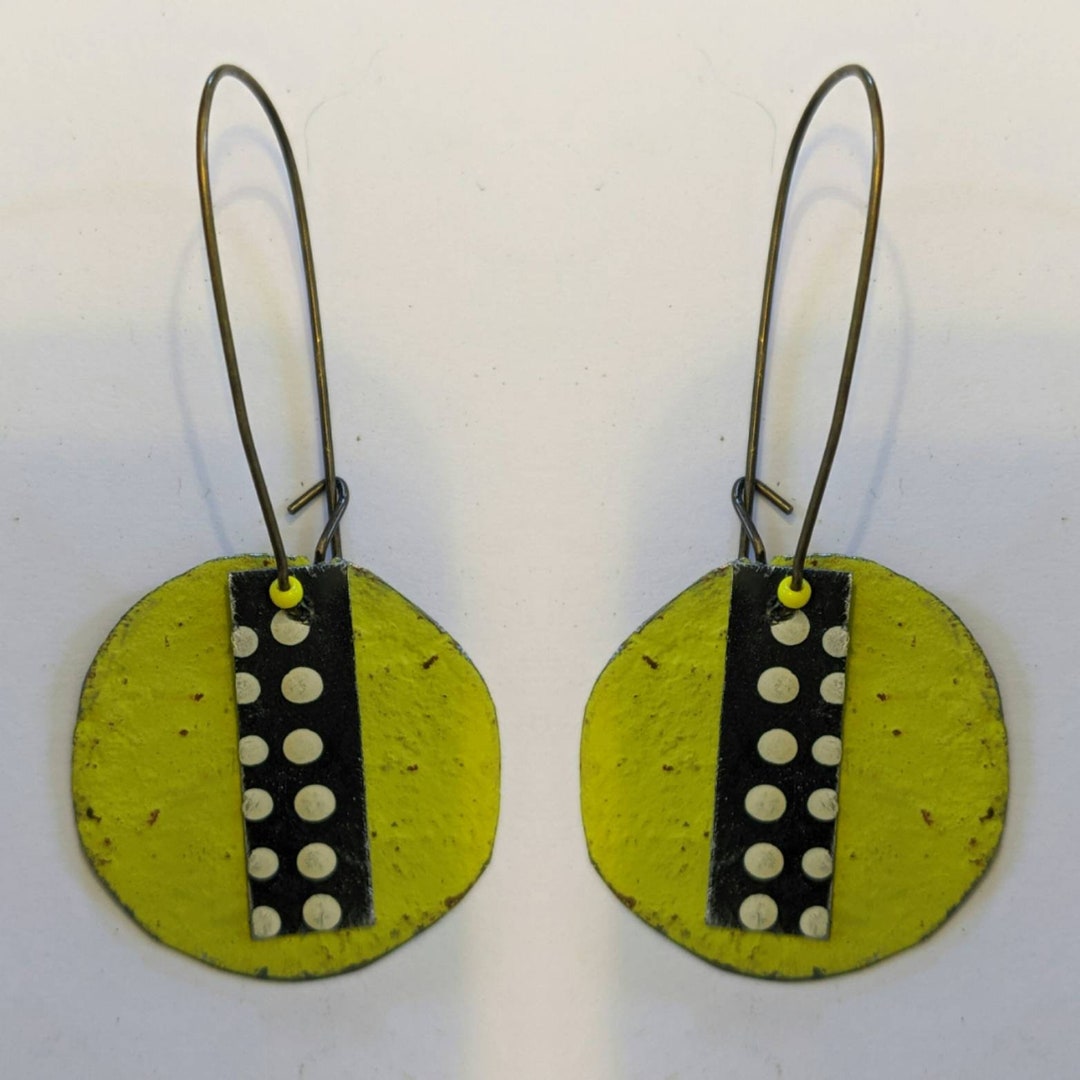 Chartreuse Circle Earrings With Black and White Polka Dot Strip - Etsy