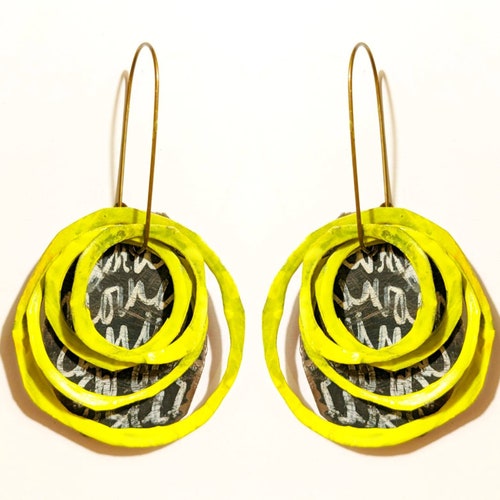 Chartreuse Circle Earrings With Black and White Polka Dot - Etsy