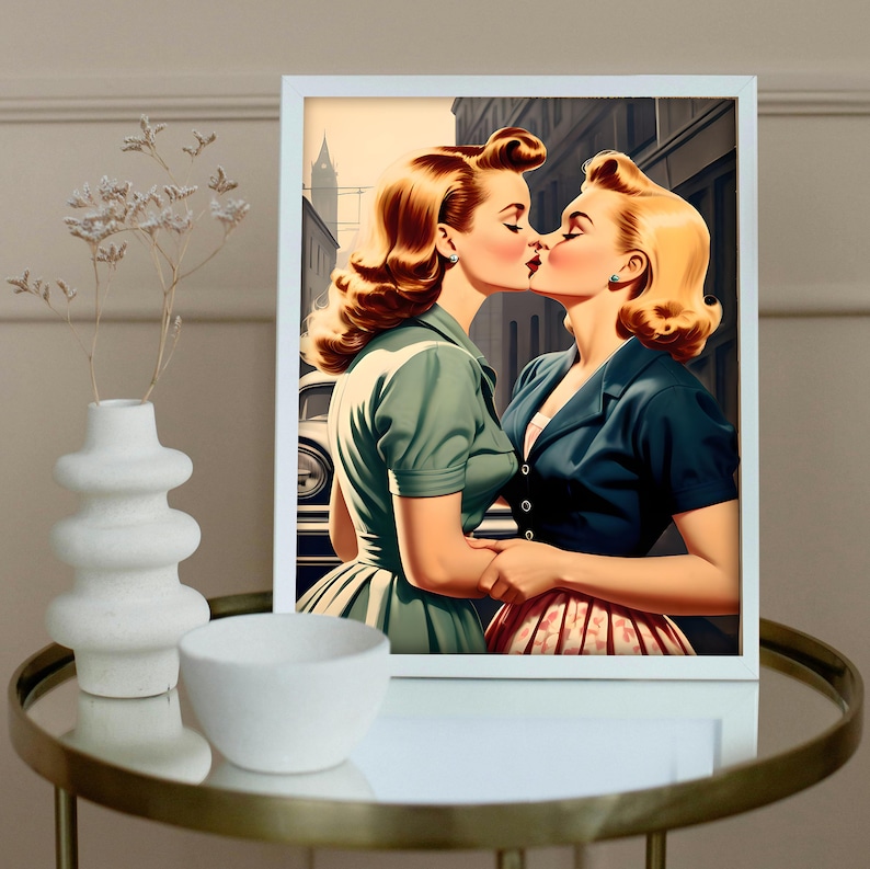 Vintage Lesbian Wall Art Retro Lesbian Art Print Lesbian Kiss Wall