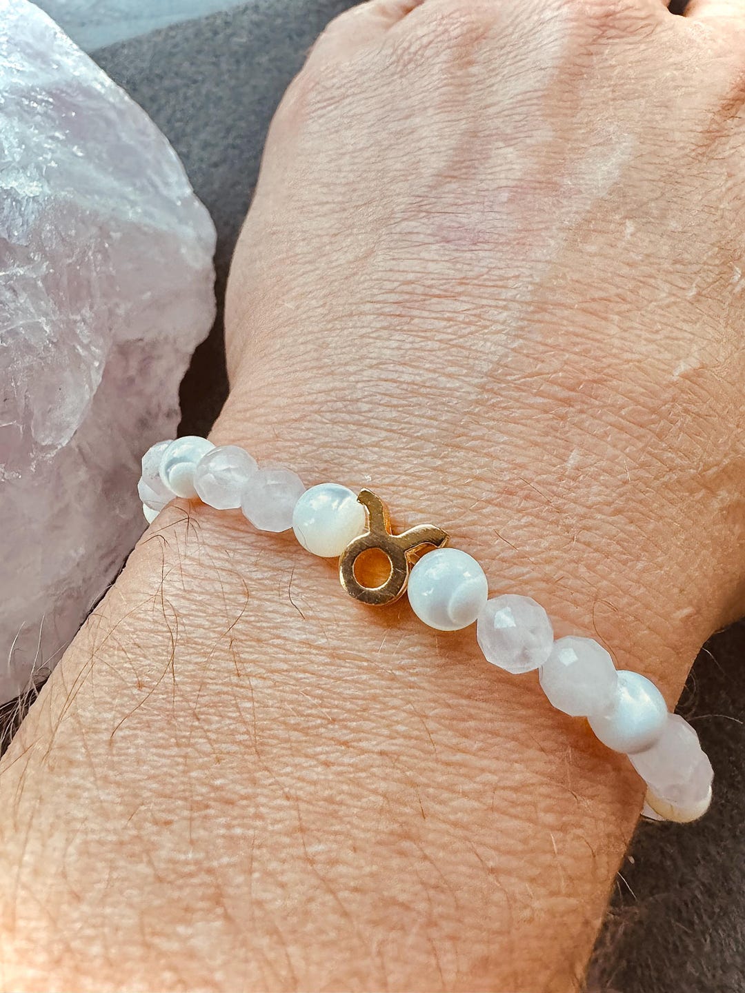 Zodiac Bracelet "taurus" Rose Quartz (6 Mm Faceted) and Mother of Pearl ...