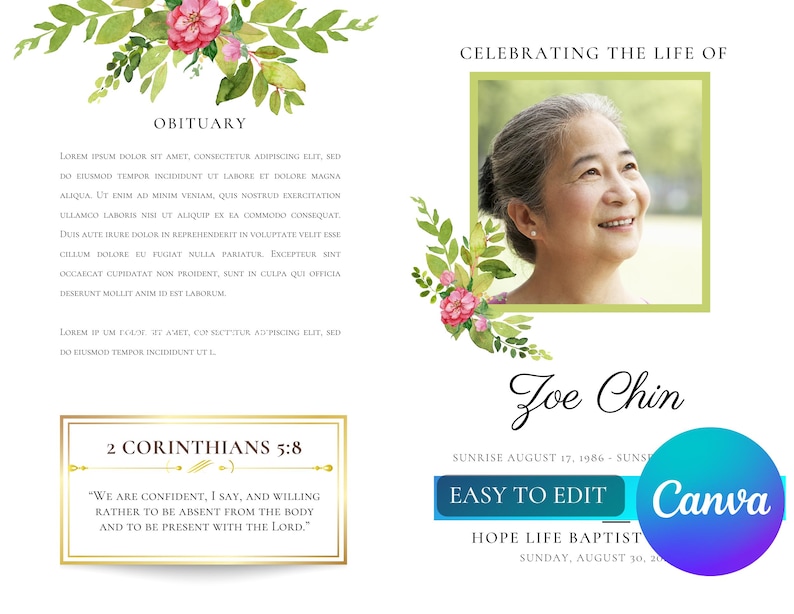 Editable Funeral Flyer Celebration of Life Funeral Brochure Funeral ...