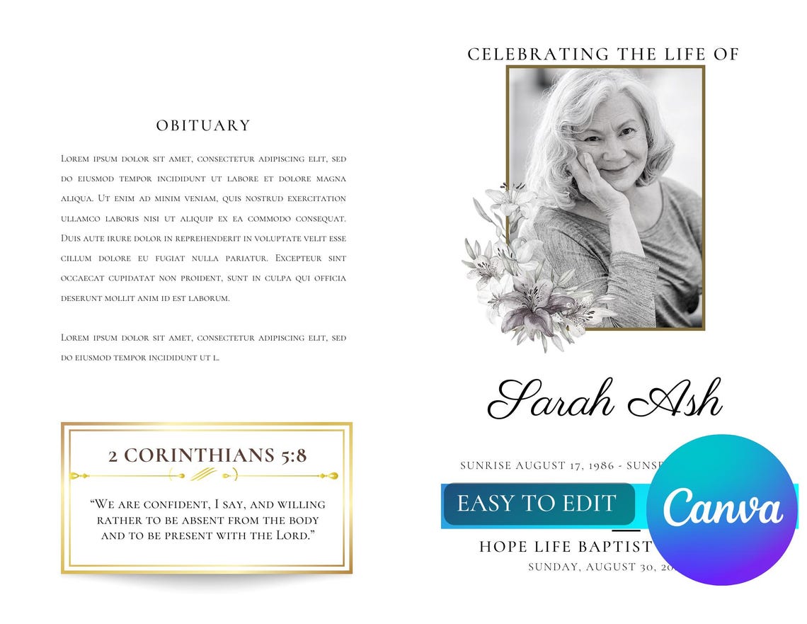 Editable Funeral Flyer Celebration of Life Funeral Brochure Funeral ...