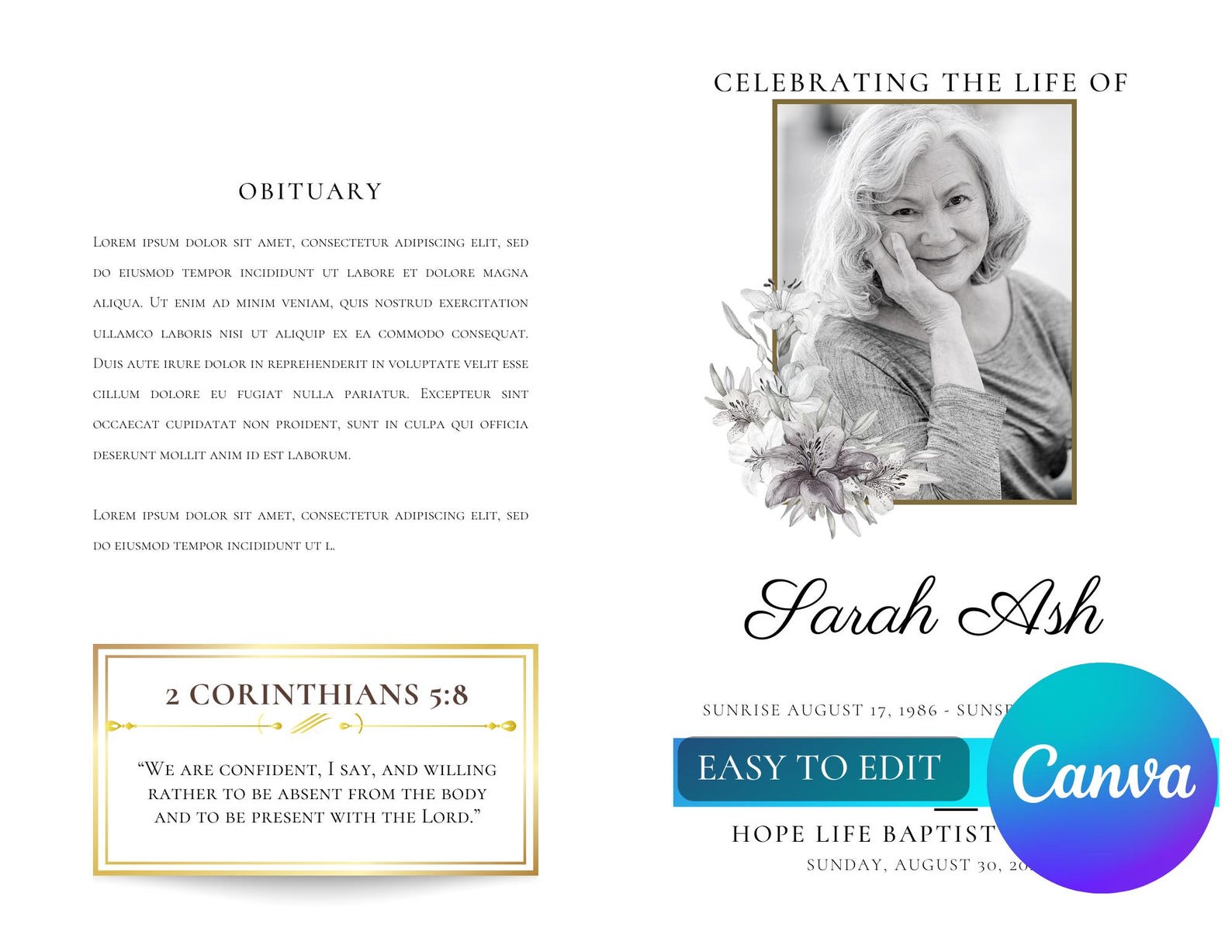 Editable Funeral Flyer Celebration of Life Funeral Brochure Funeral ...