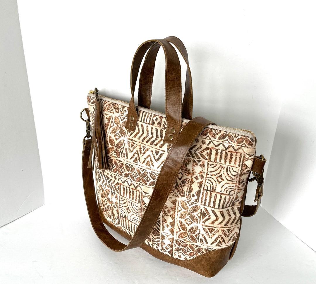 Large Mud Cloth and Leather Tote, Crossbody Purse, Boho Diaper Bag - Etsy