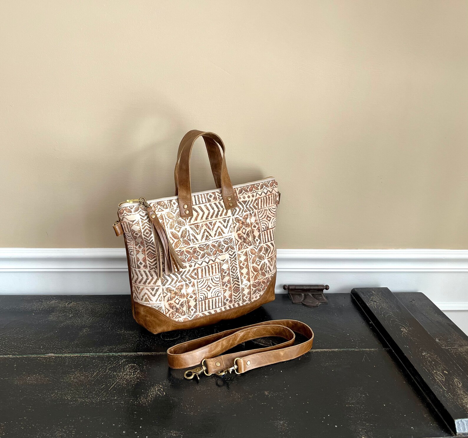 Large Mud Cloth and Leather Tote Crossbody Purse Boho Diaper - Etsy