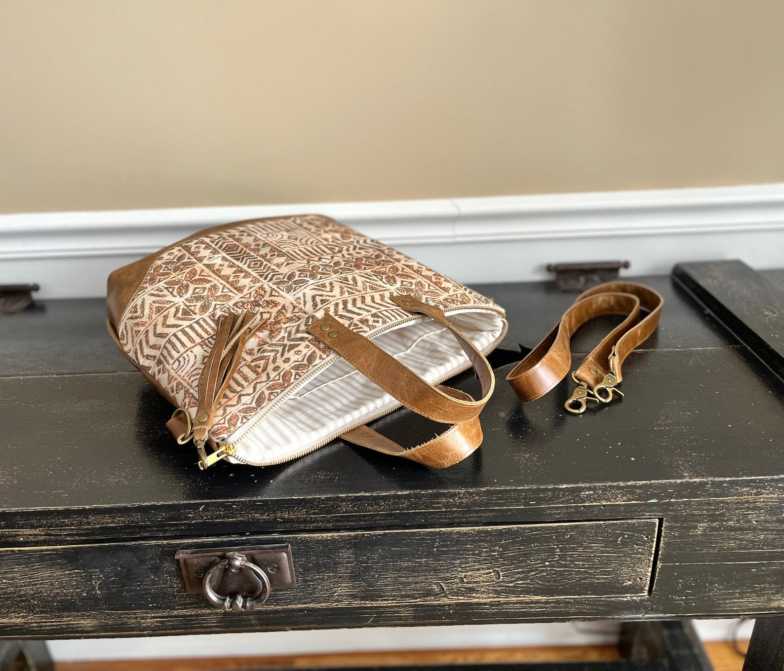 Large Mud Cloth and Leather Tote Crossbody Purse Boho Diaper - Etsy