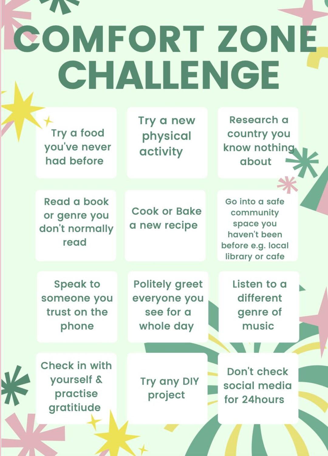 Wellbeing Worksheet Comfort Zone Challenge - Etsy