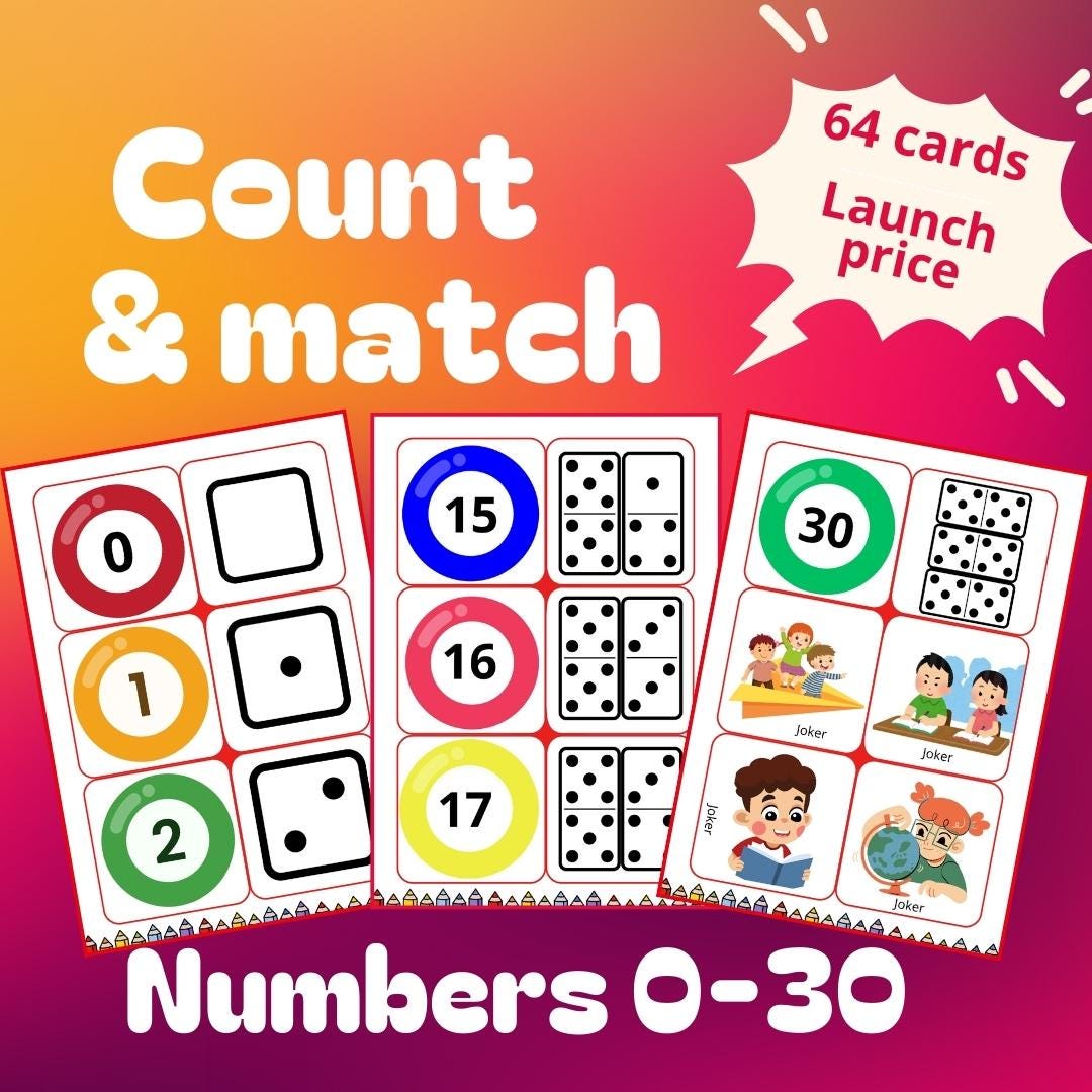Printable Math Flashcards for Kids Learn Numbers 0-30 Fun Matching ...