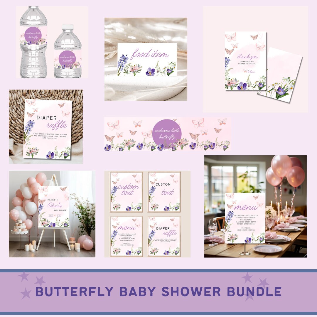 Butterfly Baby Shower Bundle Butterflies and Flowers Pink Editable Pink ...