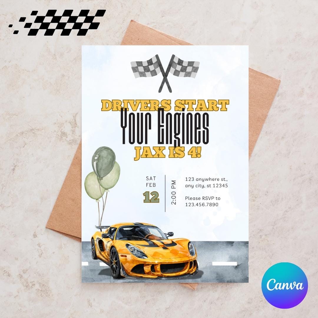Race Birthday Invitation, Canva Adjustable Template, Race Cars Drivers ...