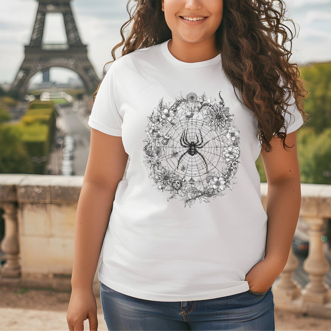 Gothic Spider Web Floral Design T-shirt, Vintage Black and White Floral ...