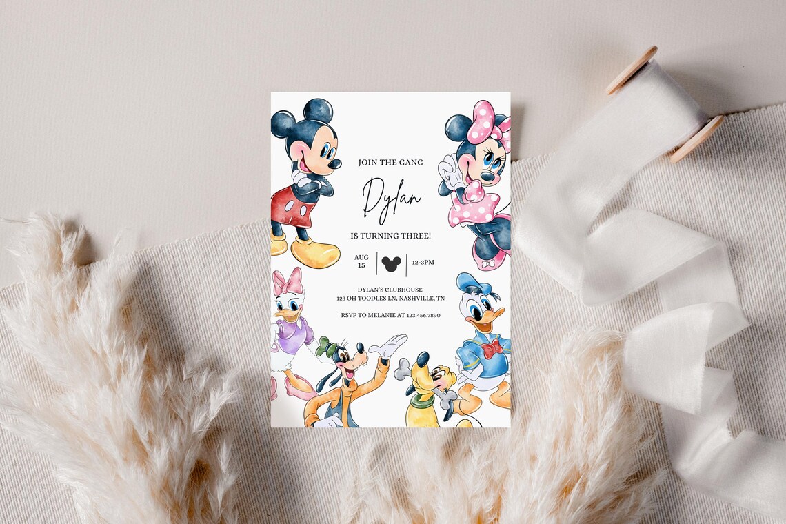 Mickey Mouse and Gang Birthday Invite Retro Party Invitation Black and ...