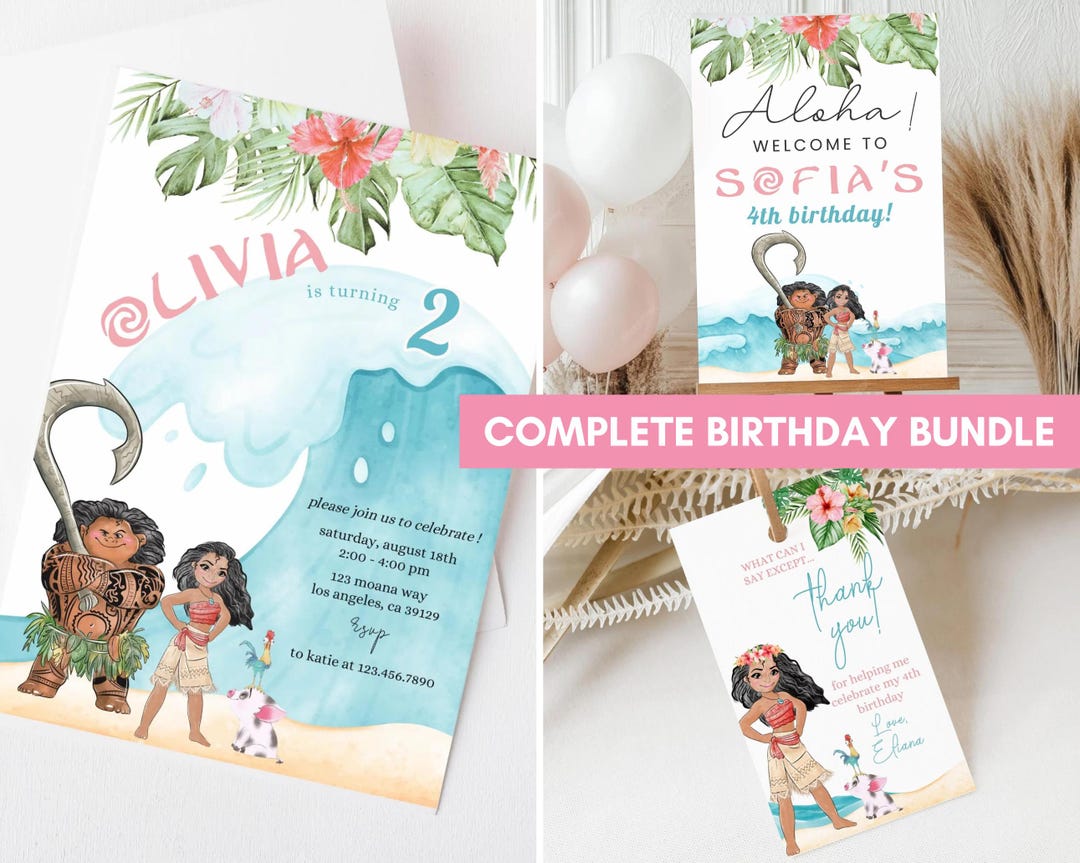 Moana Birthday Invitation Bundle, Moana First Party, Luau Moana Invite ...