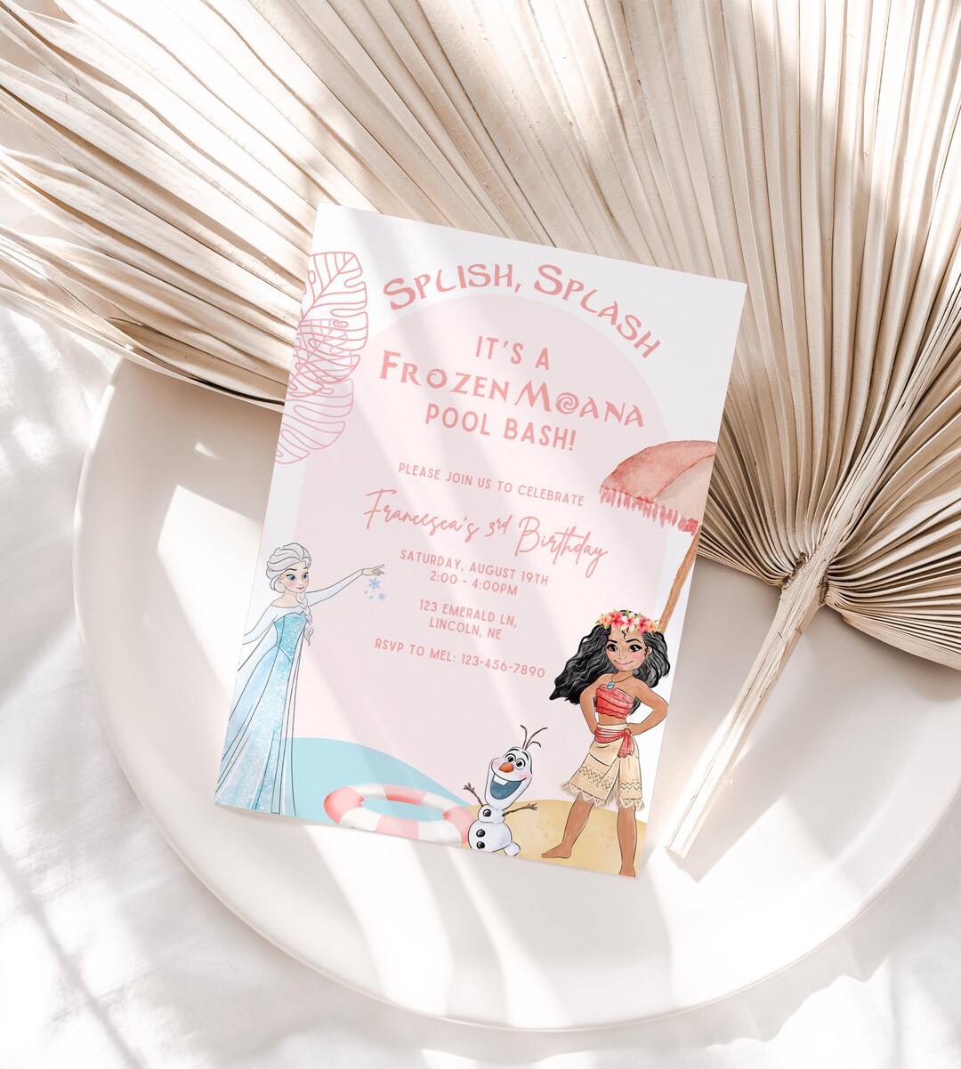 Moana Frozen Pool Party, Girl Summer Birthday Invitation, Luau Invite ...