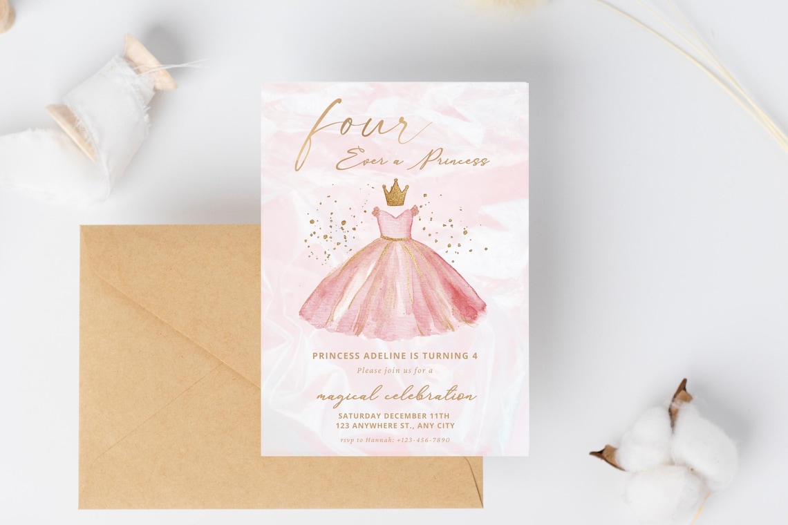 Princess Invite 4th Birthday Four Ever a Princess Dress up Dresses ...