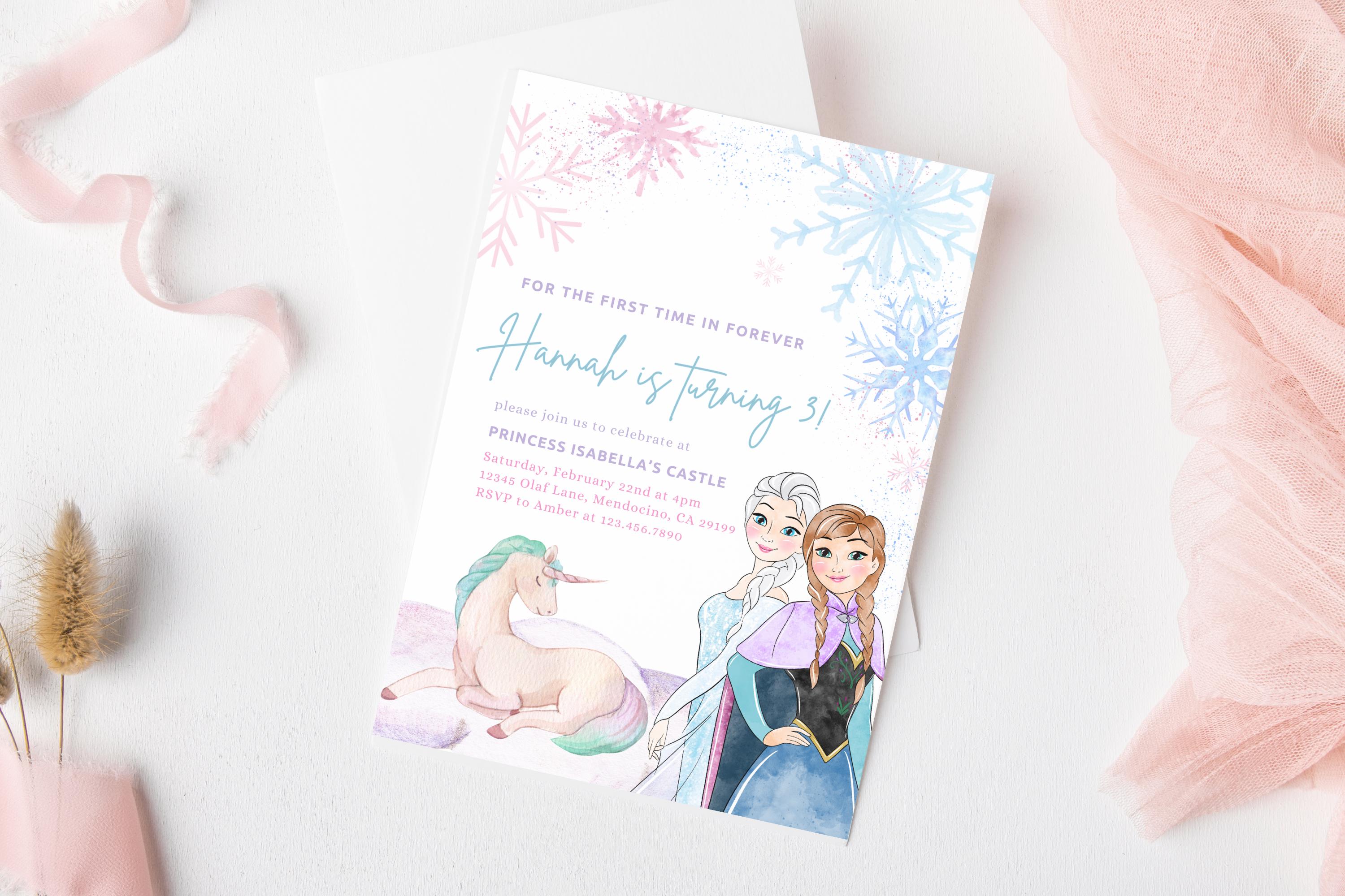 Frozen Unicorn Birthday Invitation, Princess Elsa Anna Olaf Party ...