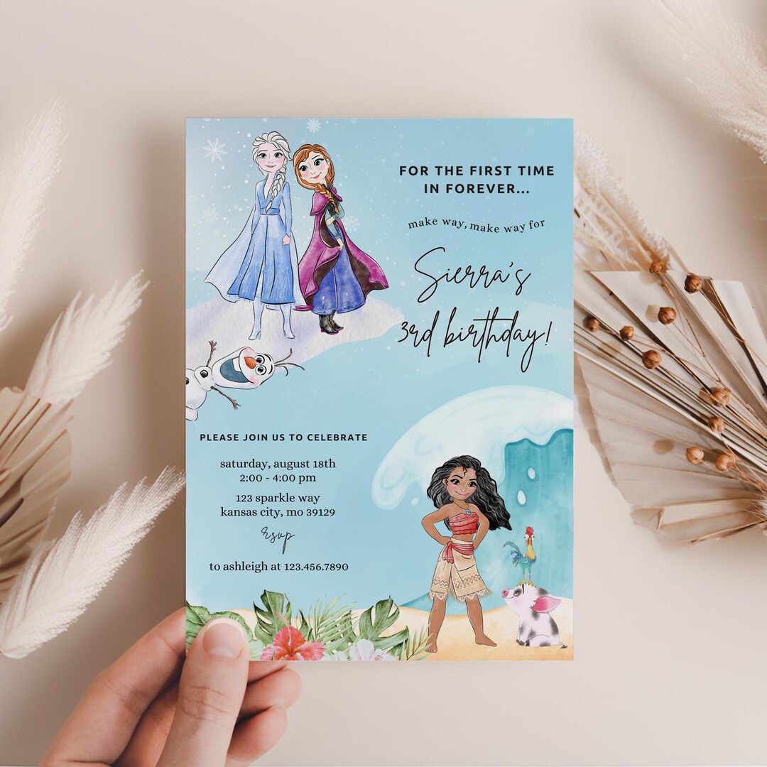 Moana and Frozen Birthday Invitation, Luau Moana Invite, 2nd 3rd Maui Ocean Calling Pua Wave ...