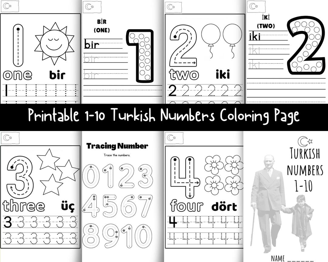 Turkish Numbers 1-10 Coloring Pages: Bilingual Education (PDF Pattern ...